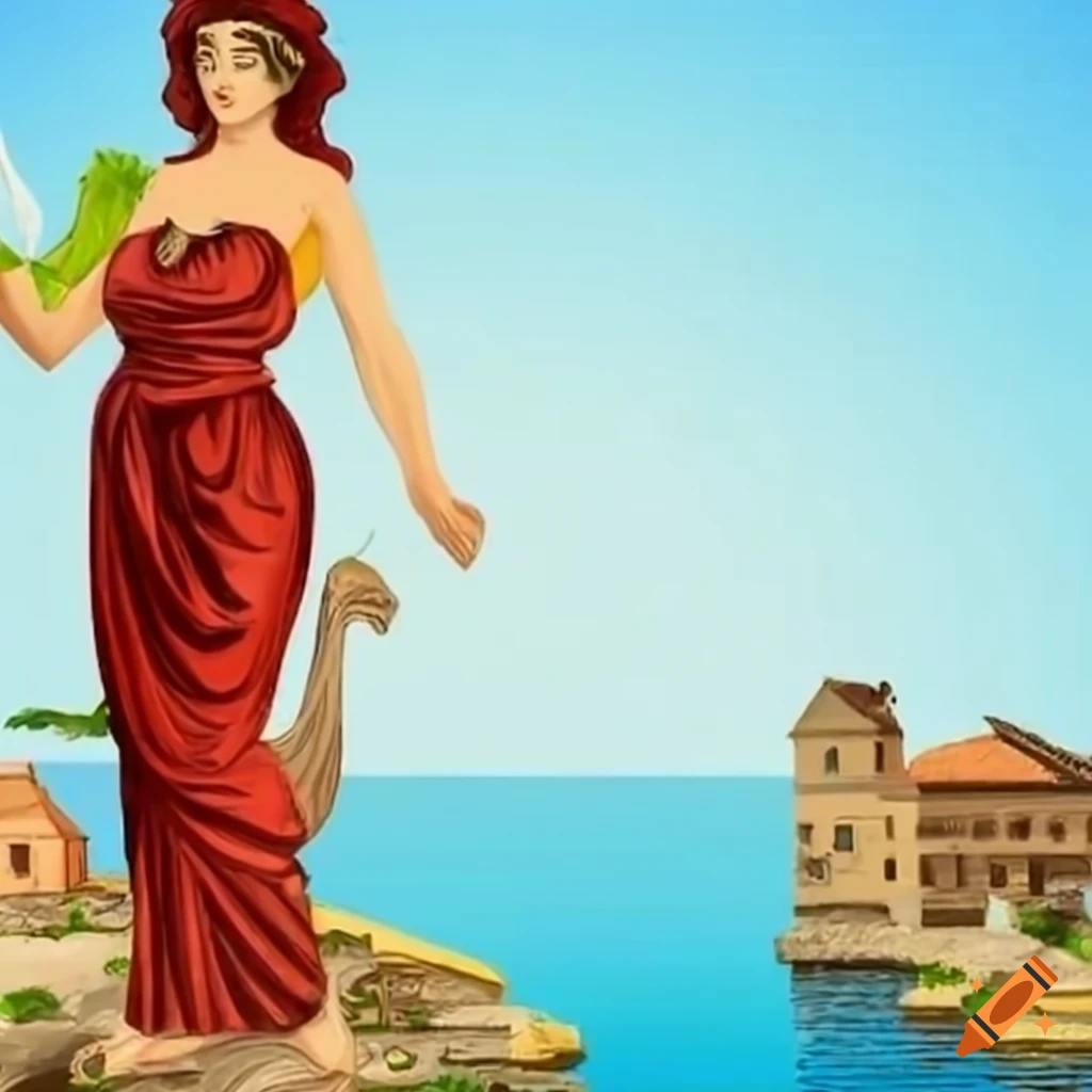 Ancient greek giantess woman walking in lilliputian town