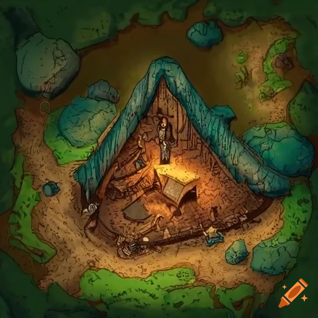 Draw a detailed battle map of a hidden bandit camp surrounded by dense ...