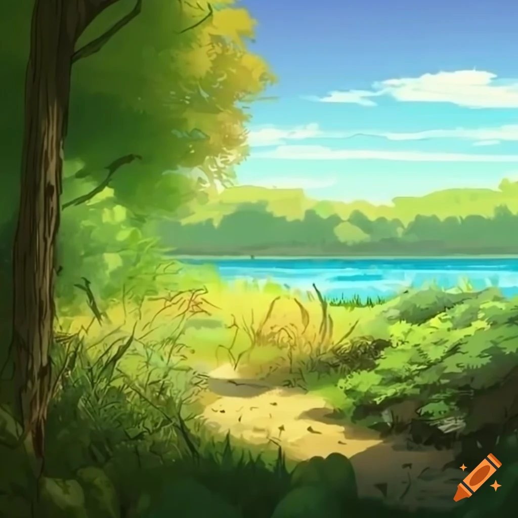 Lake along a path with a wooden fence , in style of studio ghibli
