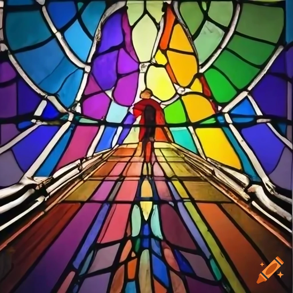 A stained glass window shows people walking along a rainbow bridge on ...
