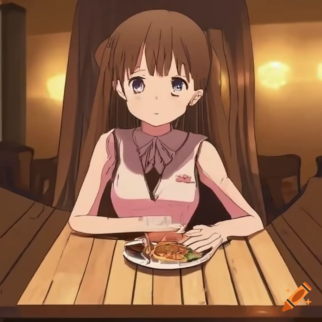 Anime girl sitting on a table at a restaurant facing you, golden hour
