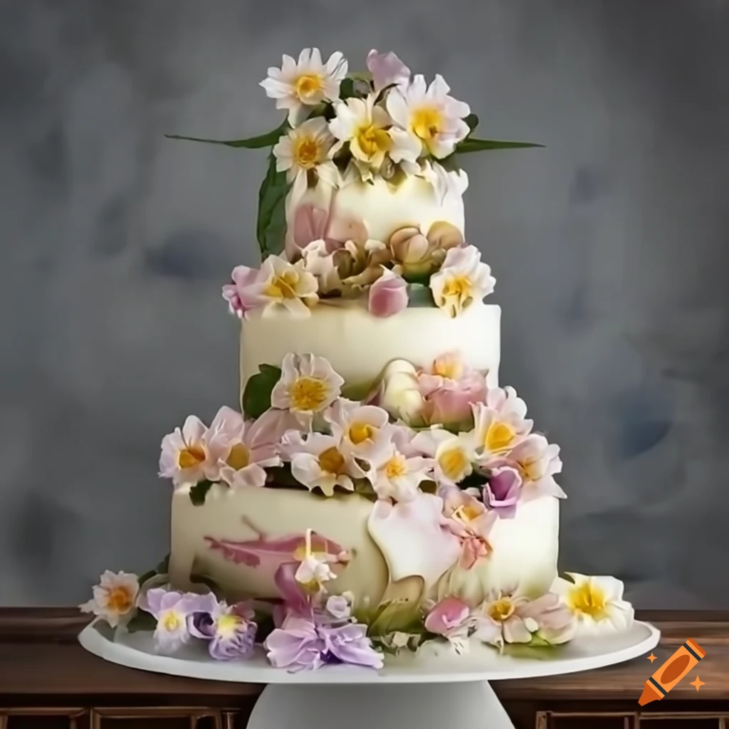 Trzy piętrowy tort weselny z kwiatami