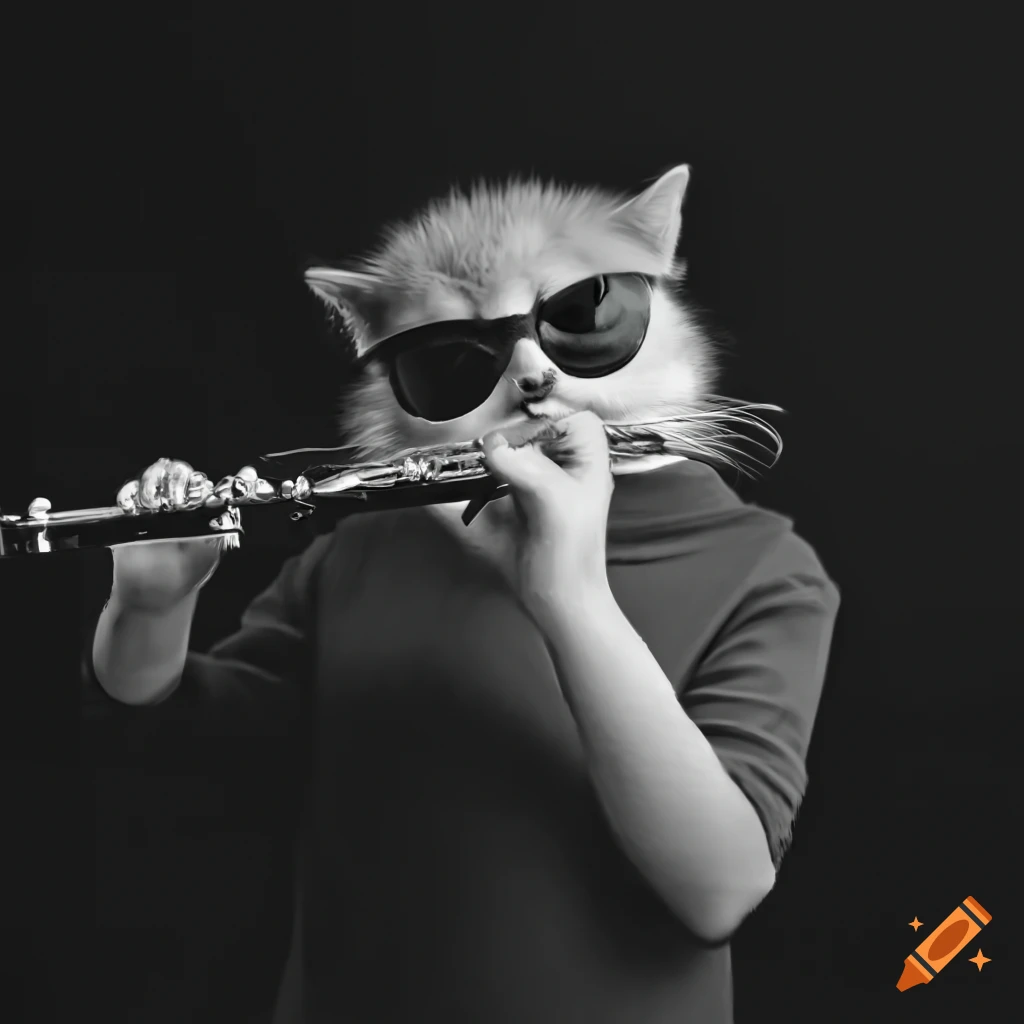 A tubby cat with a beard and small sunglasses playing a silver flute