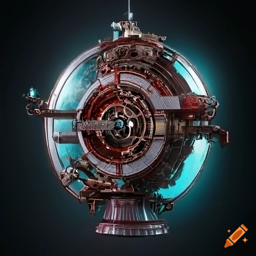 Space station in steampunk design with metallic white and metallic red ...