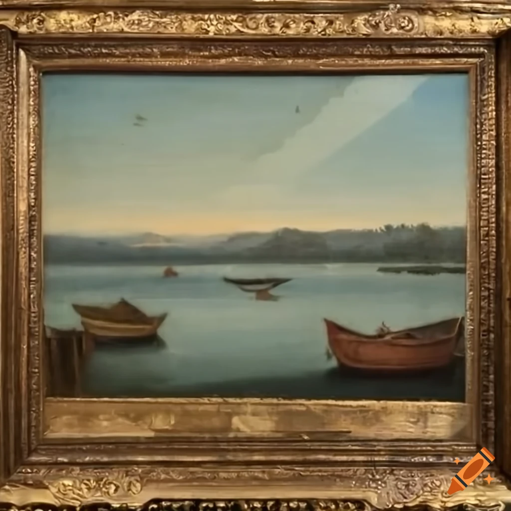 Framed renaissance painting of a lake and distant mountans and boats on ...