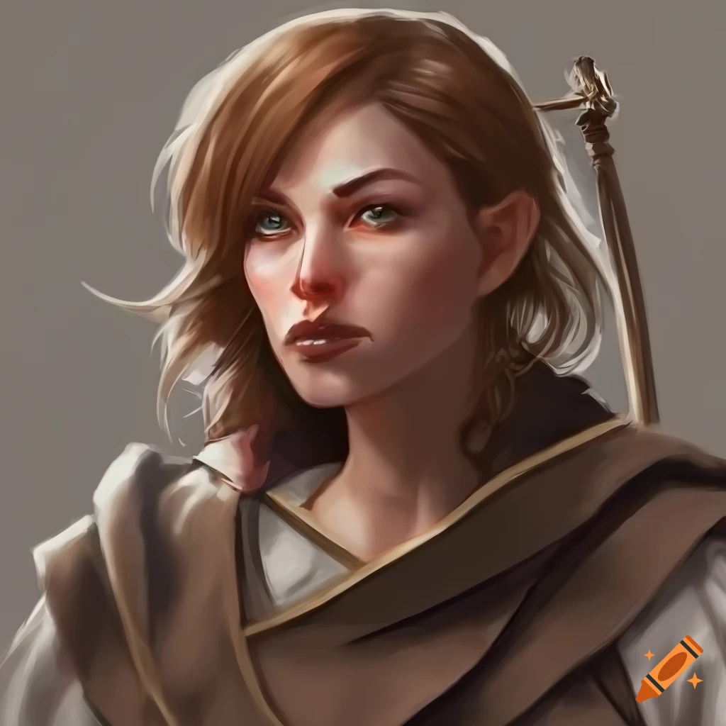Serious dnd female ranger, poncho, bob haircut, brown hair, musketeer ...