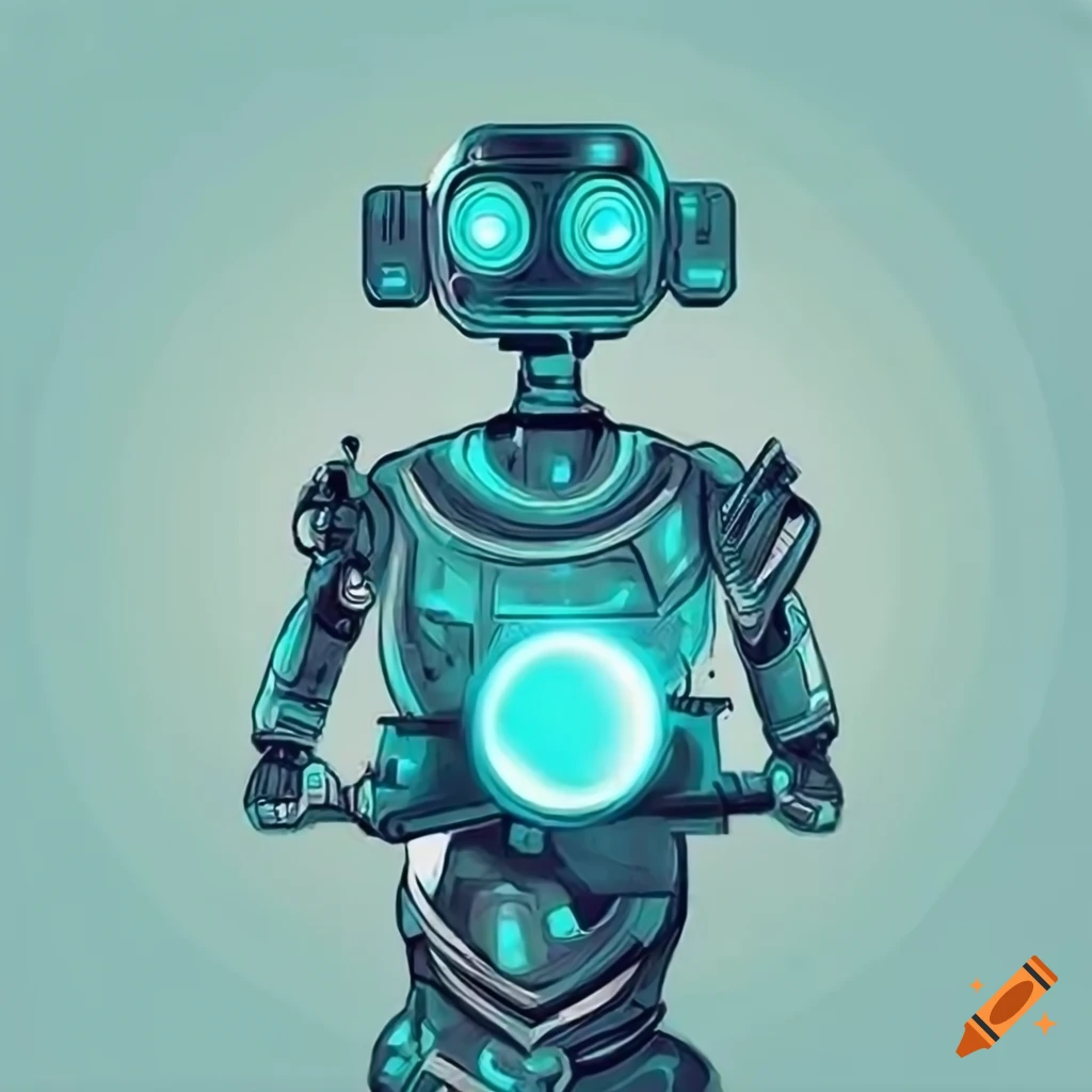 A sleek futuristic robot holding a glowing beaker; poster art style on ...