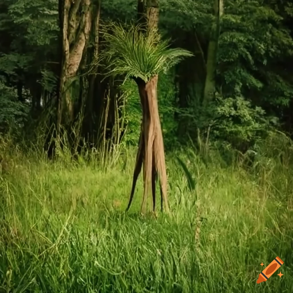 A tall wood plant creature with multiple legs walking through grass