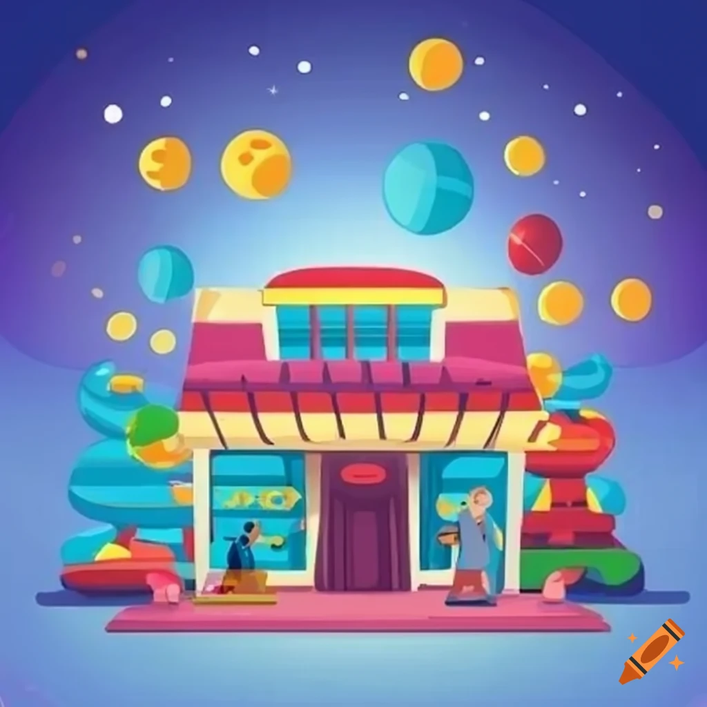 In cartoon style a busy shopping mall with bright stores and happy people