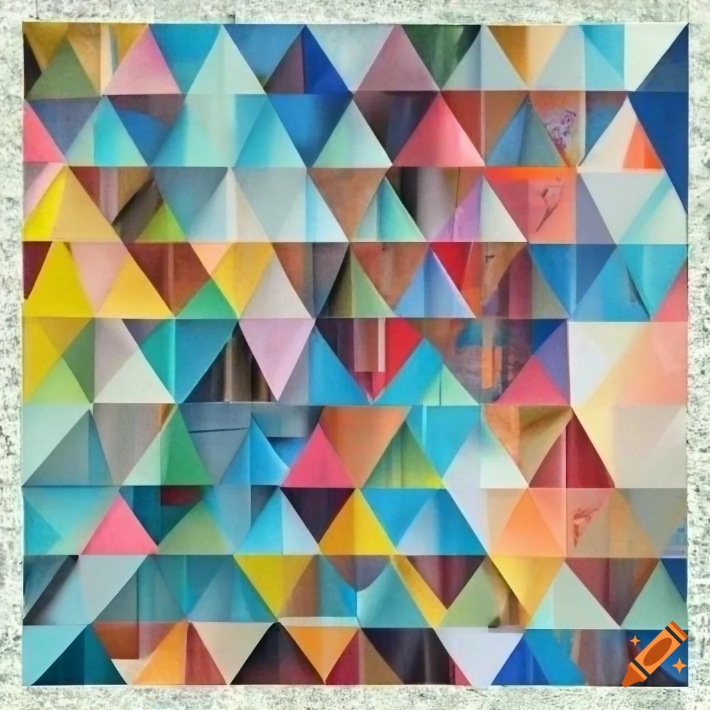 Collage with triangles, spreadsheet, buildings and people