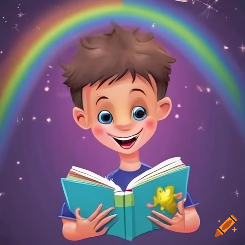 Happy boy cartoon face Disney style reading an ABC book with a rainbow ...