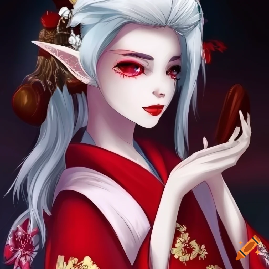 A manga-style woman geisha elf with white hair and red vertical pupille ...