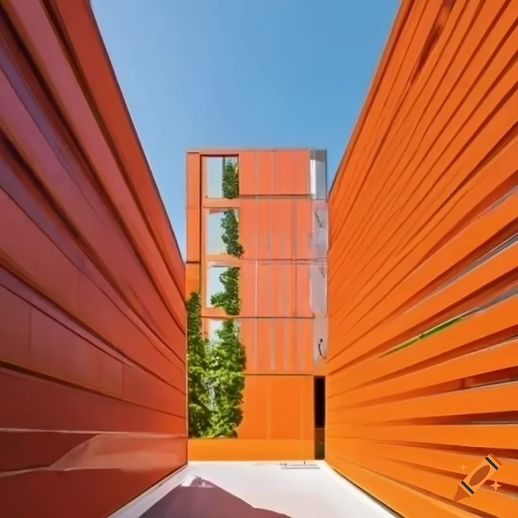 Contemporary orange building with glass facade and lush green ...