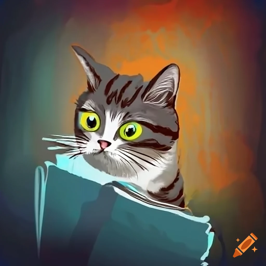 A cat skimming through a lot of books looking stressed on Craiyon