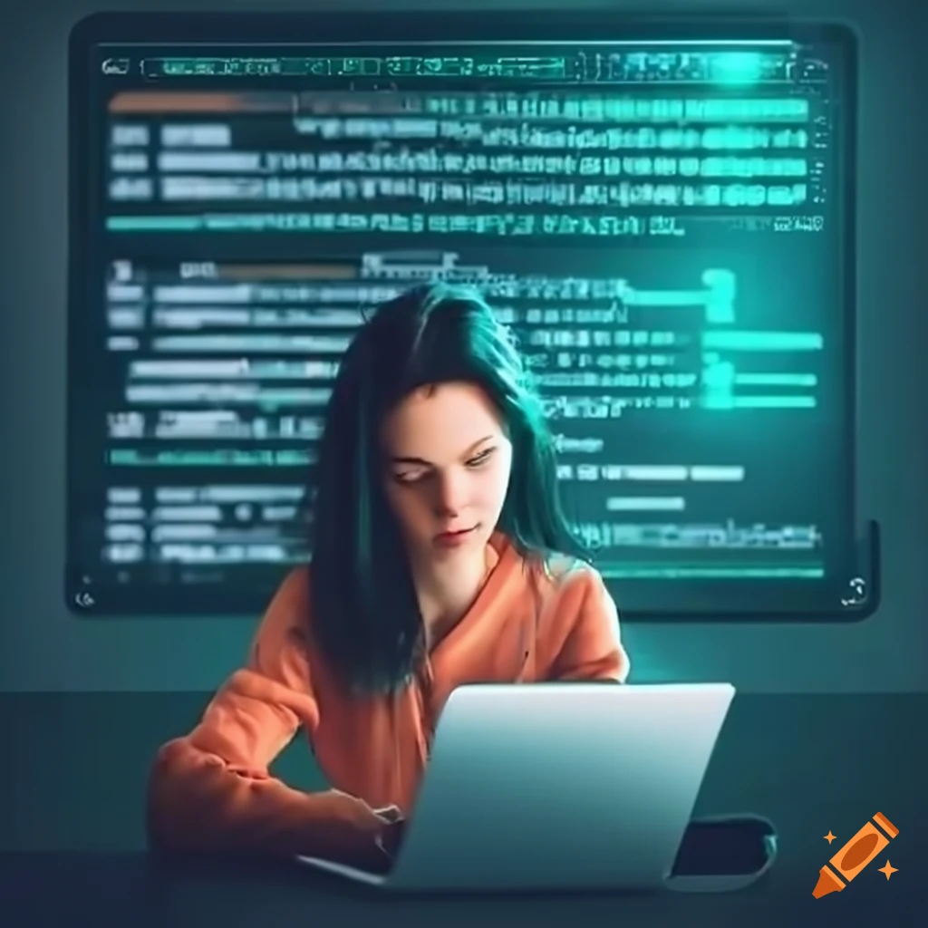 Young female programmer working on laptop with code on screen on Craiyon