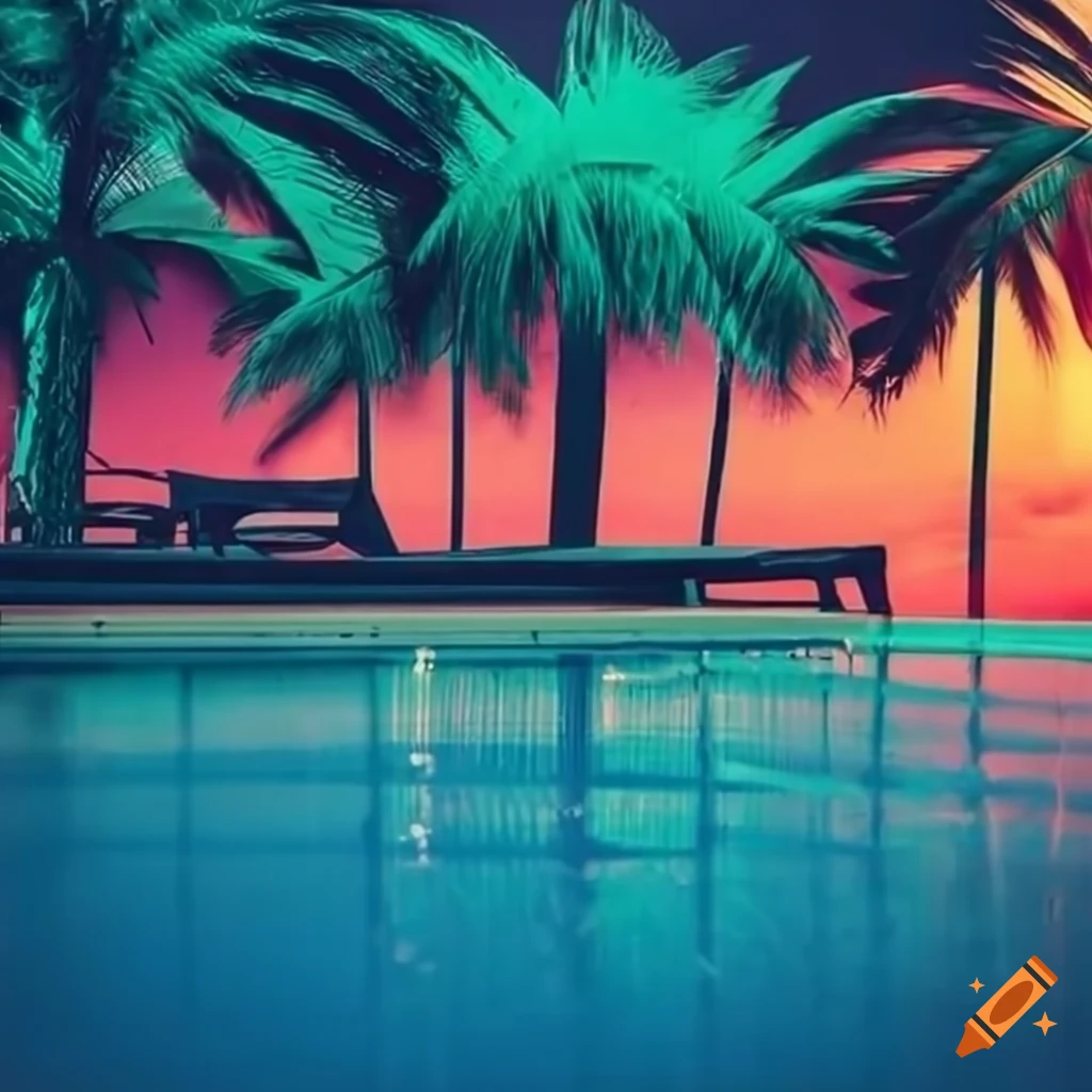 Retro-neon style swimming pool with chairs and palm trees