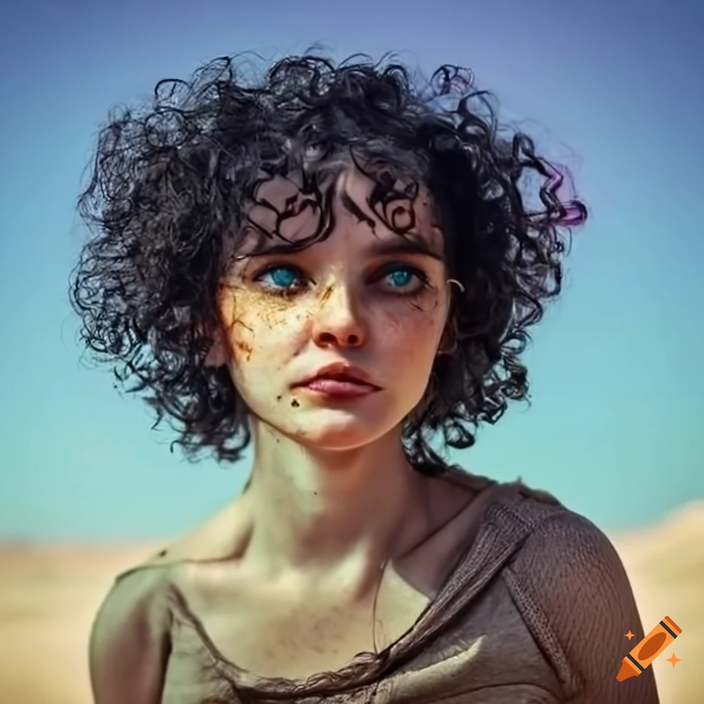 Young woman, sitting on an old rock, with few freckles on her face ...