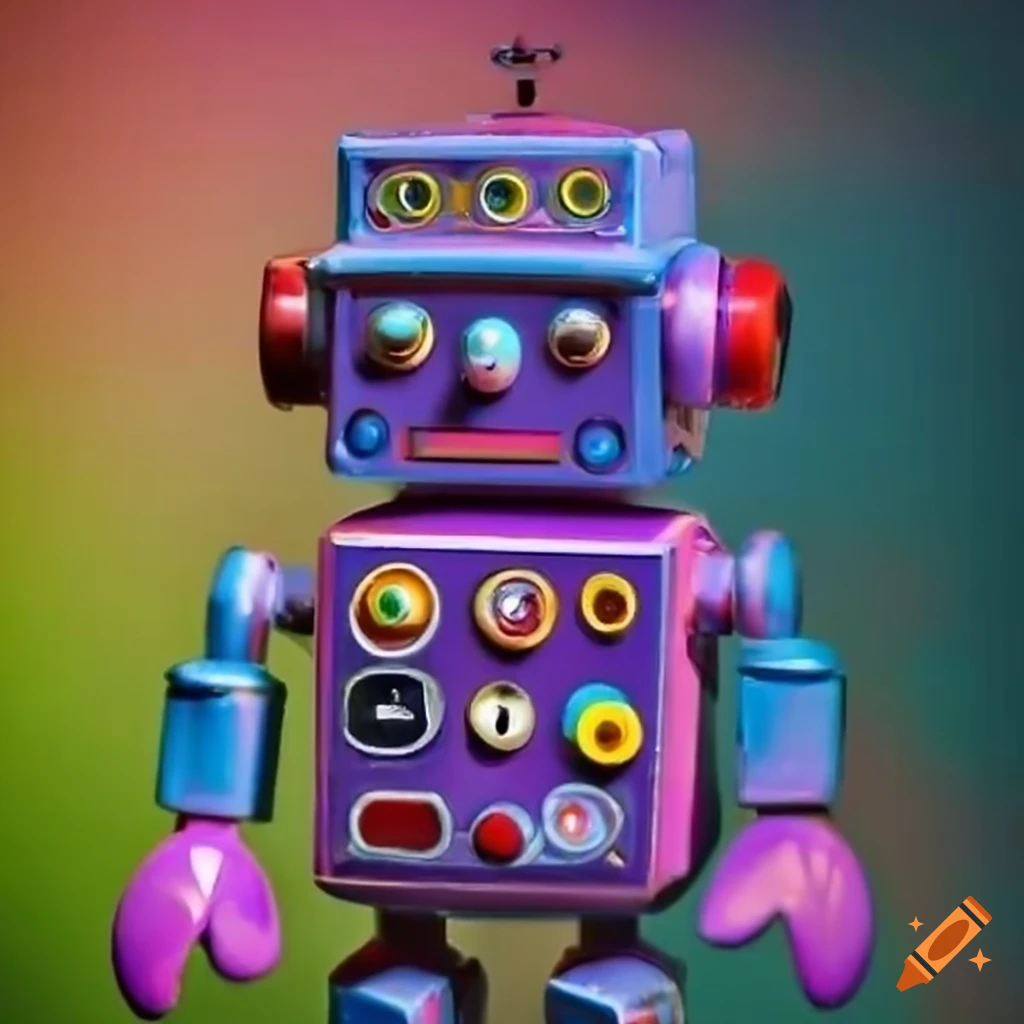 Old toy robot beside a colorful abstract art
