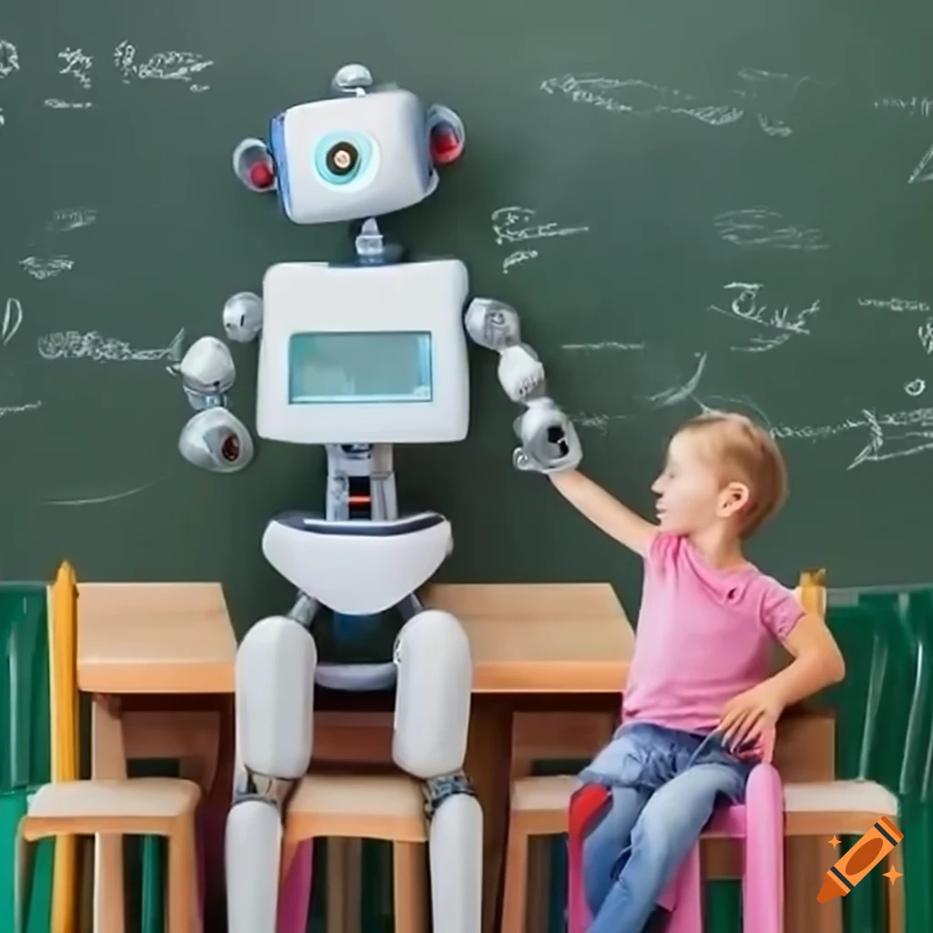 Robot teacher in front of a blackboard leading a class of children sat ...