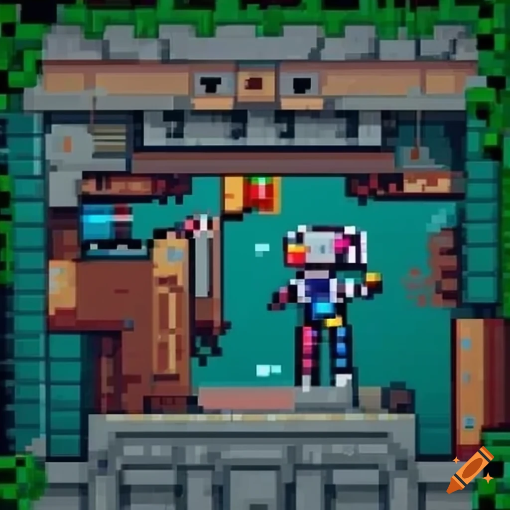 Pixel art robot video game cover on Craiyon