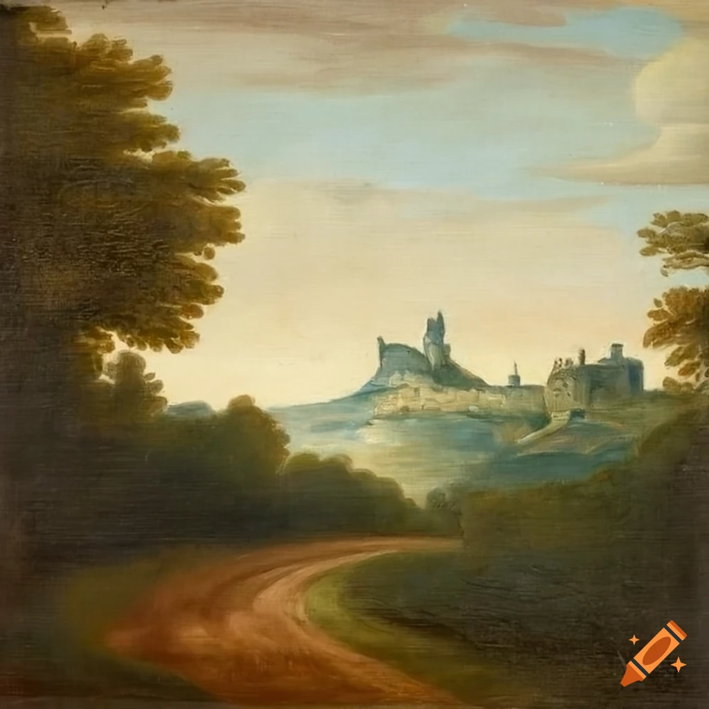 Renaissance painting of a landscape with road, trees and distant castle