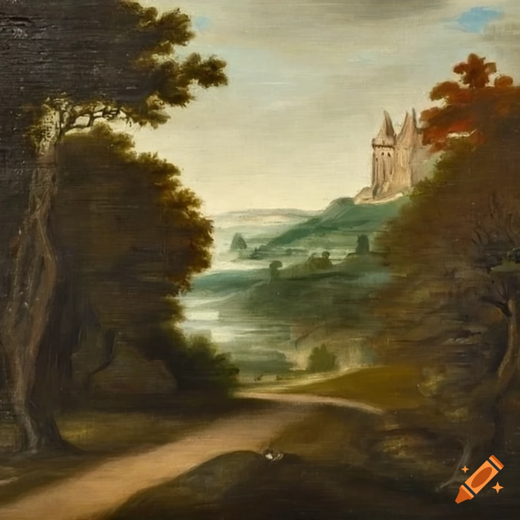 Renaissance painting of a landscape with road, trees and distant castle