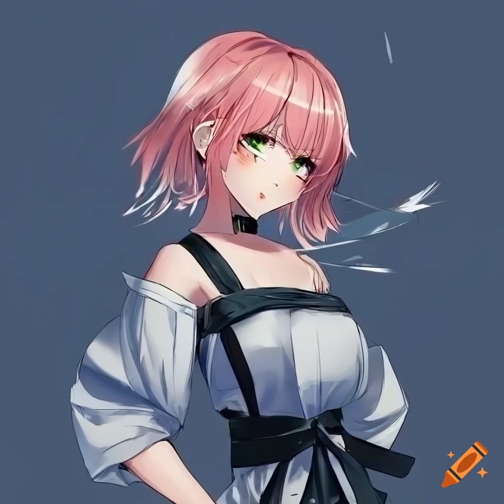 Anime girl pink hair, wearing loose off-shoulder shirt with layers with ...