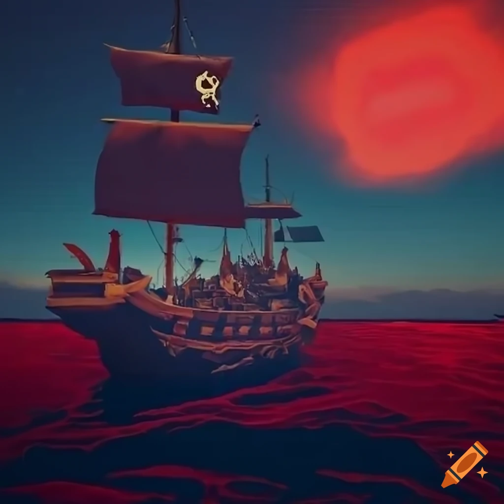 A pirate ship navigates the blood red waters, storm clouds, and red sun ...