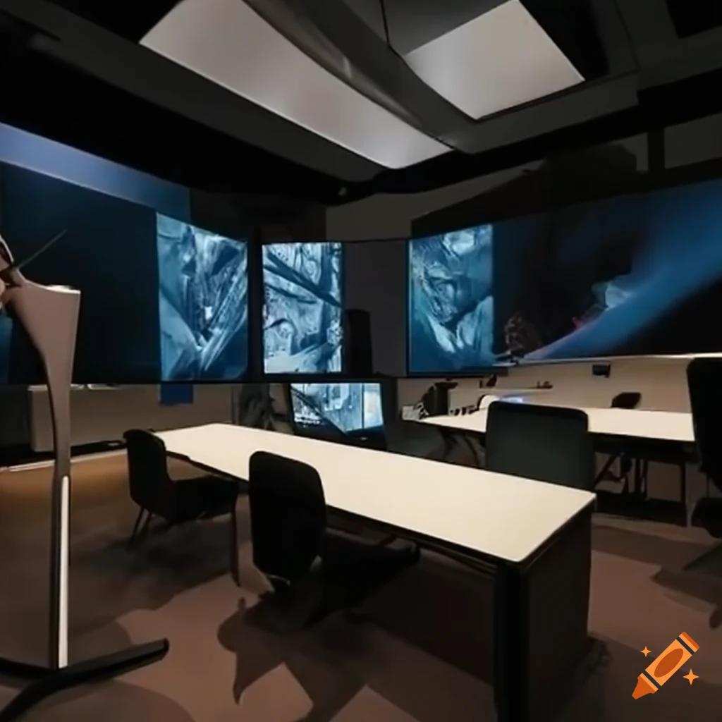 Future classroom with high-tech personal computers and holographic screens