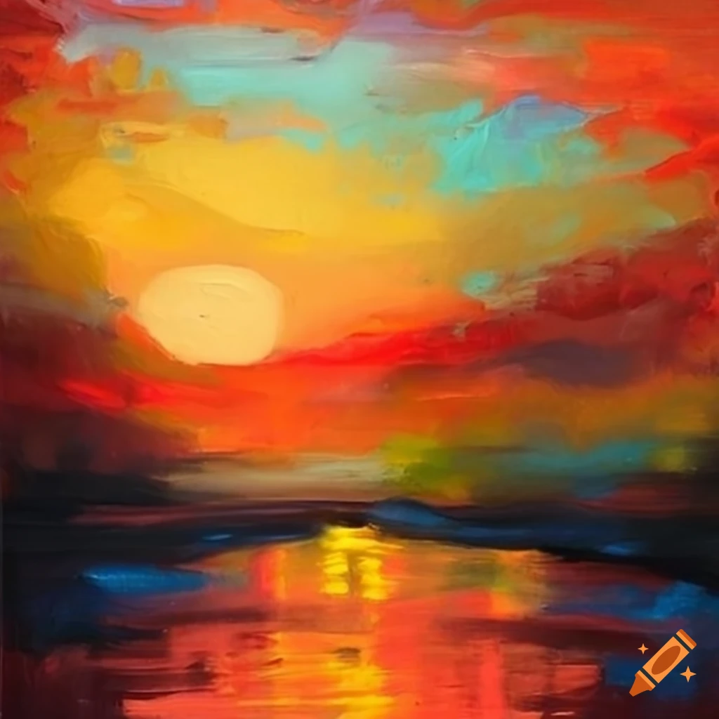 Abstract landscape oil painting on canvas with sunset painted