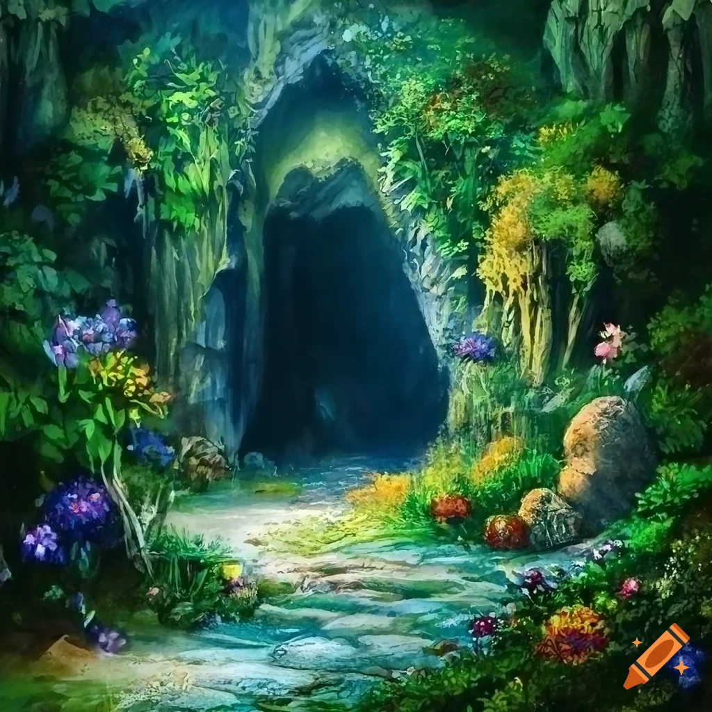 Entrance of a magical cave, with a path of stones, flowers and ...
