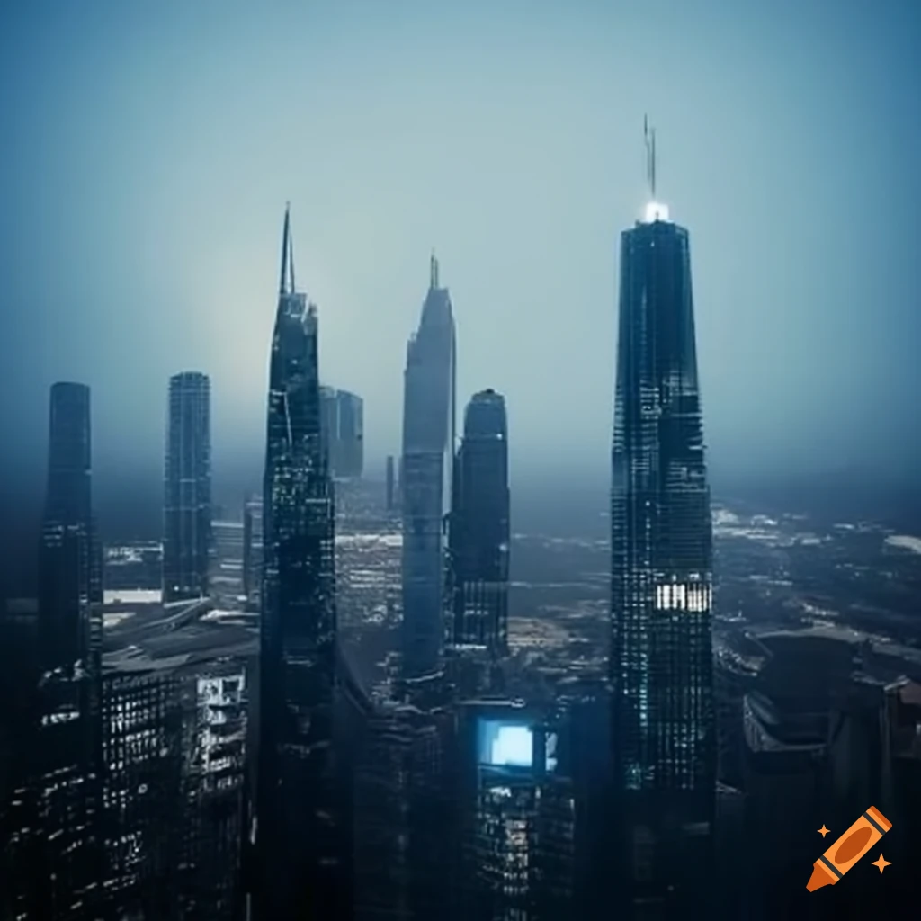 Futuristic towering skyscrapers pierced the skyline, housing a rapidly ...