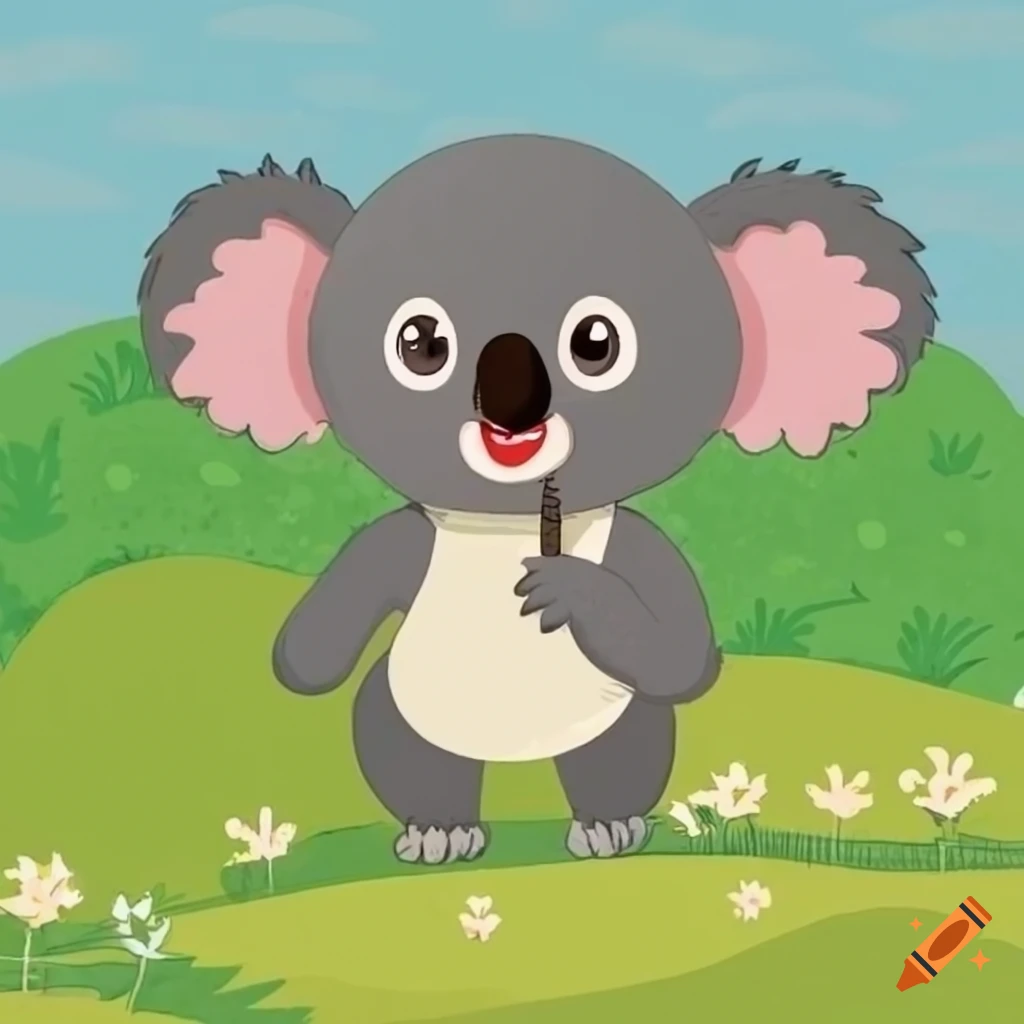 Illustration of little koala in the meadow singing childrens book style ...