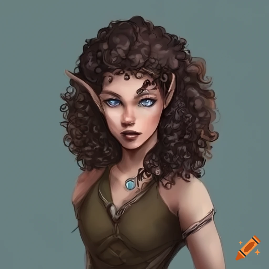A half-elf girl with light blue eyes, brown skin, dark curly hair who ...