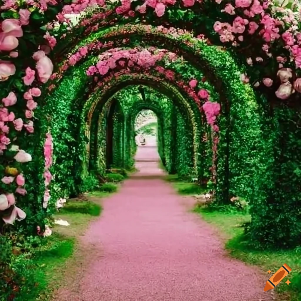 Entrance of a garden with arches of pink and white roses on Craiyon