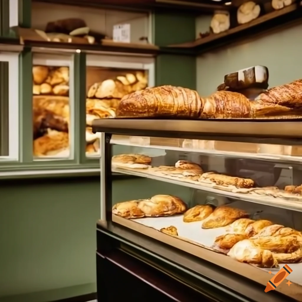 Inside interior of a bakery that only sells croissants sage green walls ...