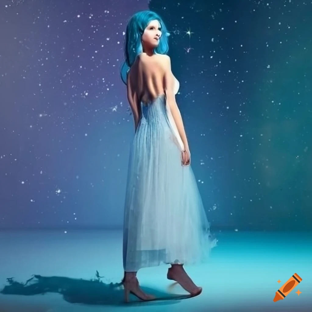 Full body picture of a woman with blue flowing hair and a starry ...