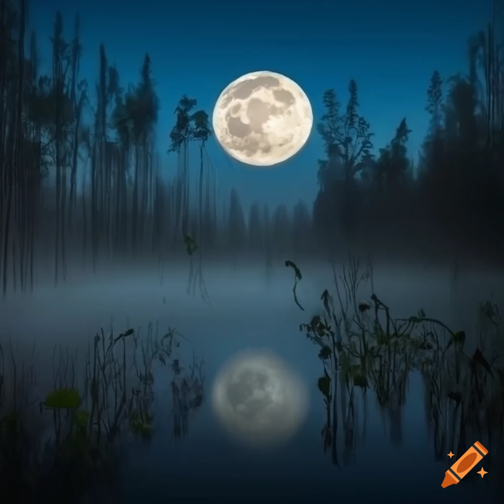 Misty swamp, full moon, photorealistic