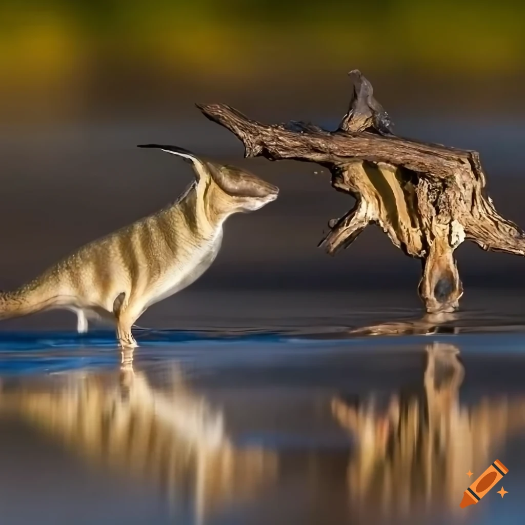 A couple of mostly grey and brown striped baryonyx reflecting in the ...