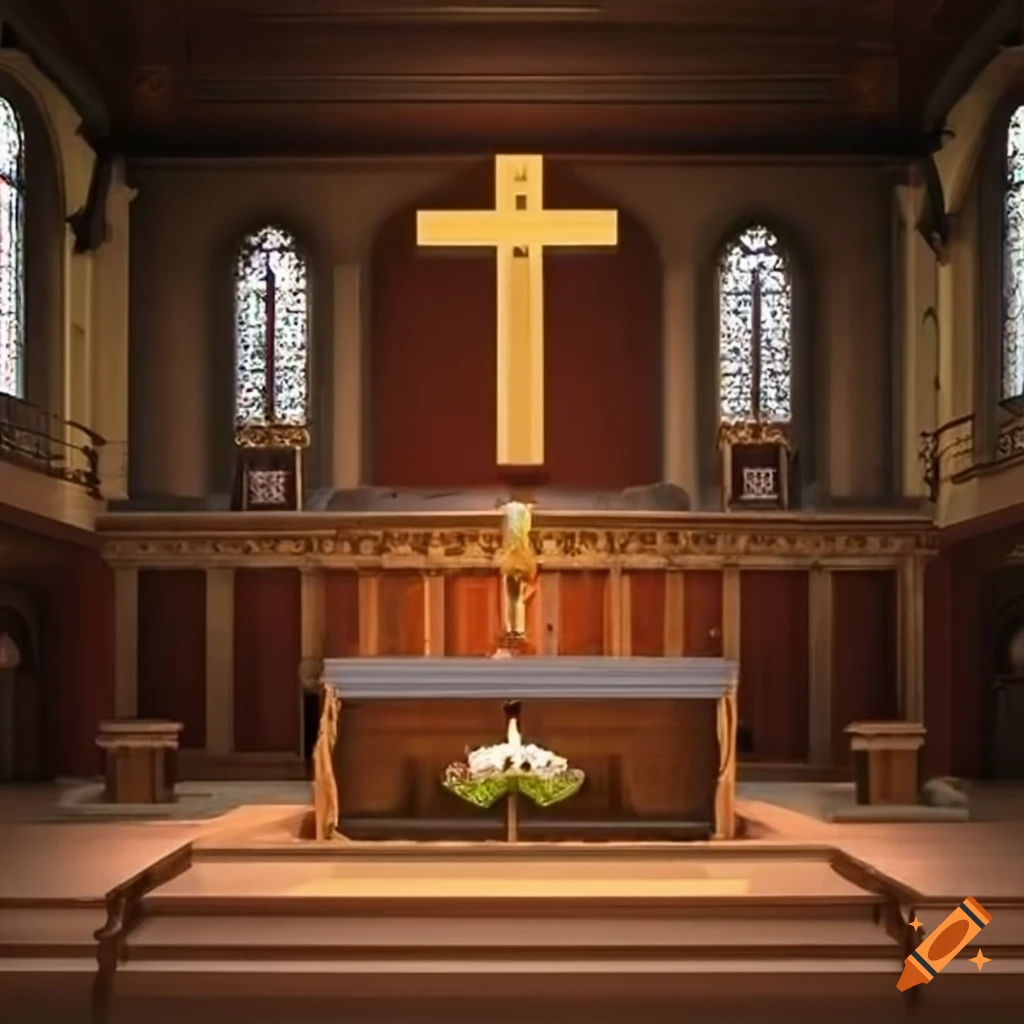Create a photo of a large church room with a cross and an altar on Craiyon