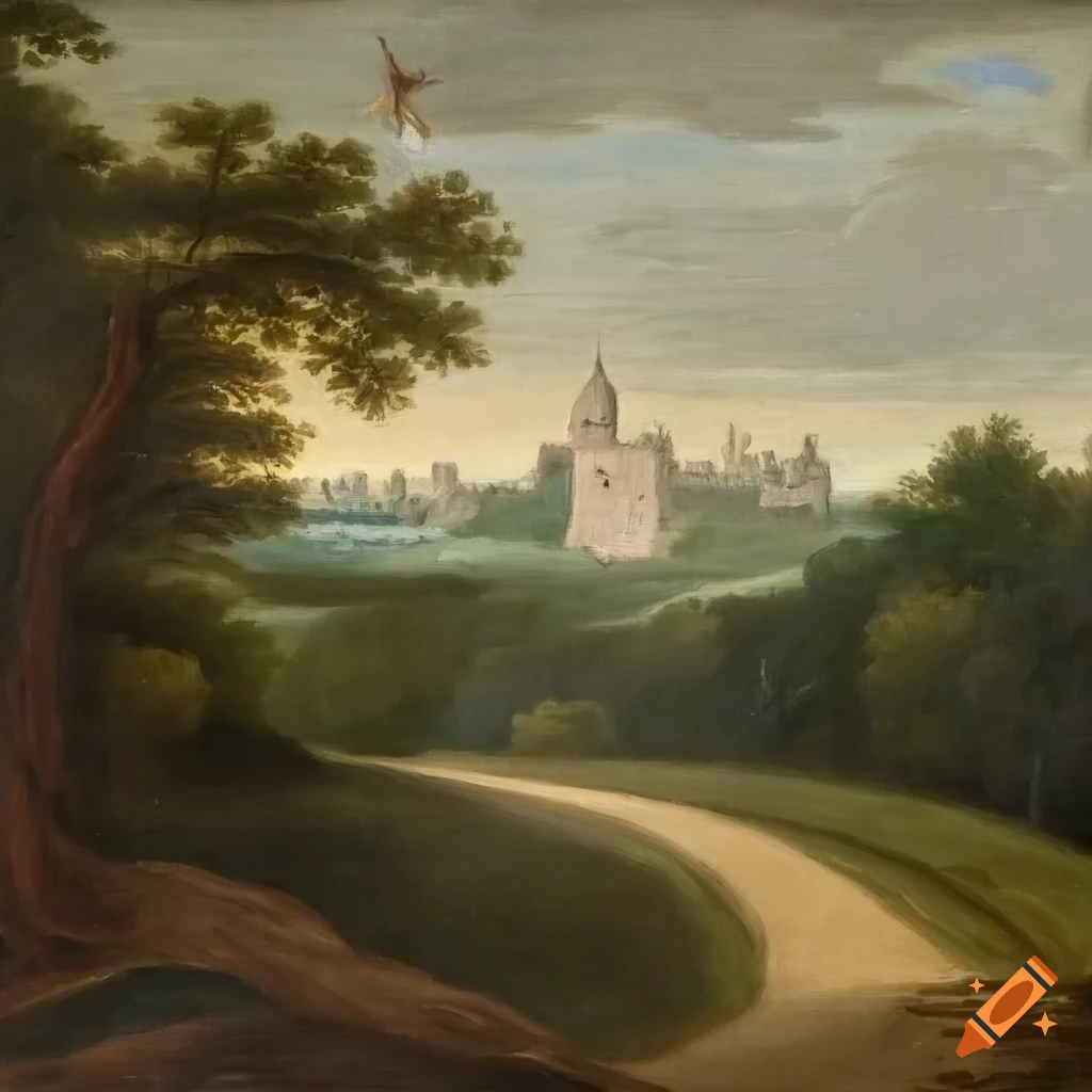 Renaissance painting of a landscape with road, trees and distant castle