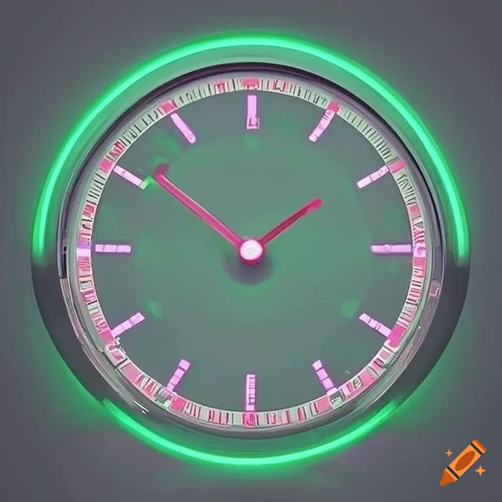 A modern green glowing digital clock round floats in mid-air in a ...