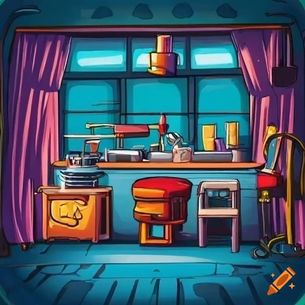90s mechanic shop cartoon background, illustration