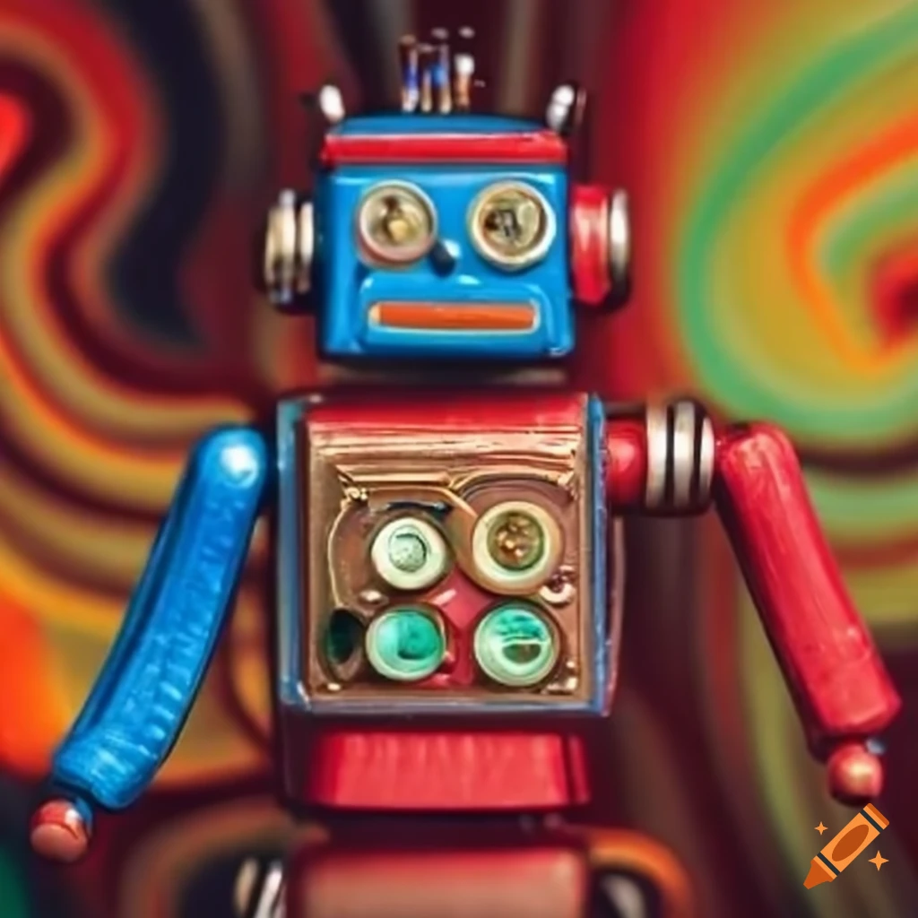 Old toy robot beside a colorful abstract art