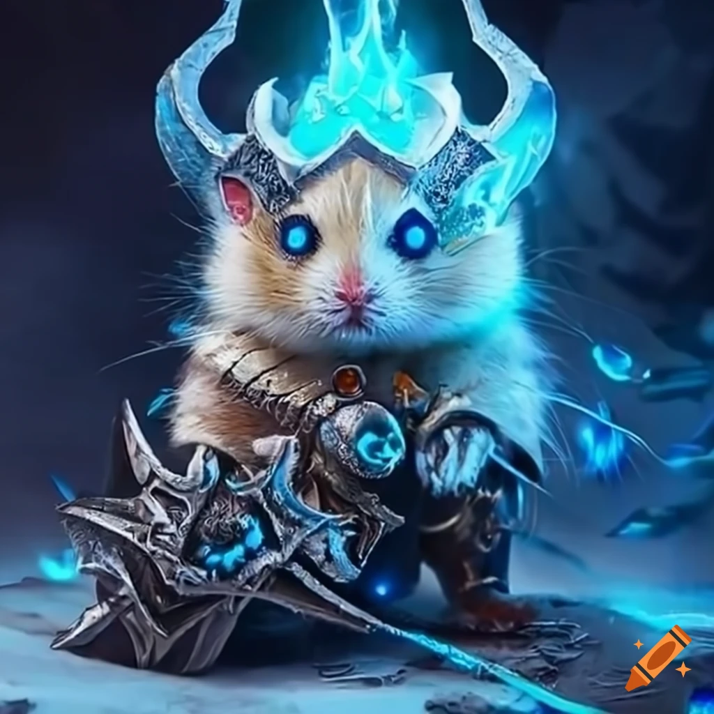 A cute hamster cosplaying as the lich king with frostmourne on Craiyon