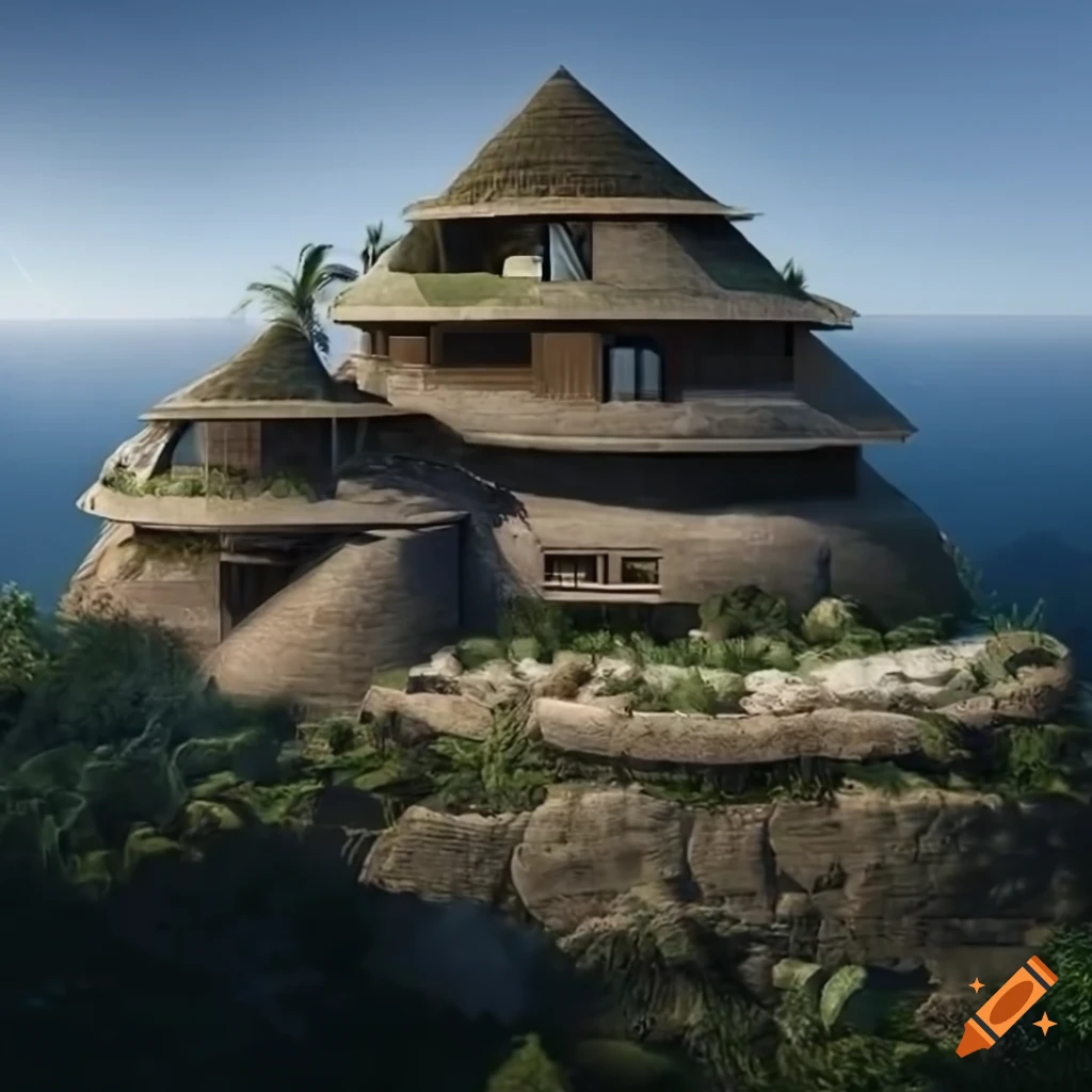 Multi-level conical concrete houses, hilly outdoor terraces, lush ...