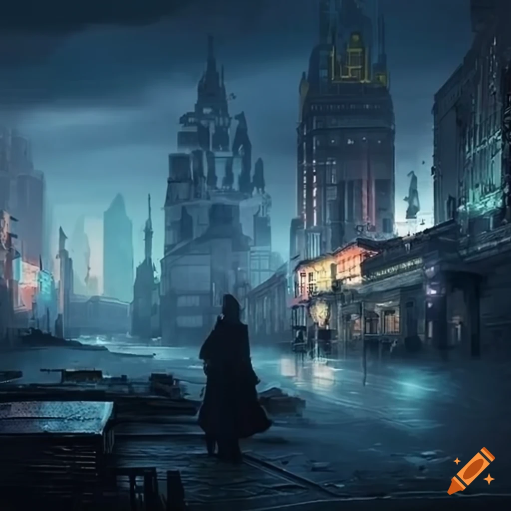 Concept art of a cyberpunk-influenced russian city in 19th century on ...