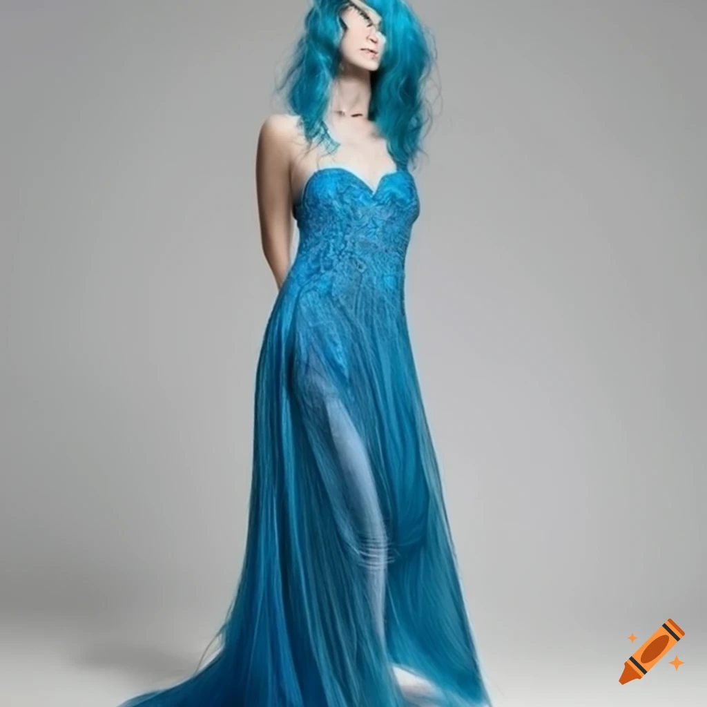 Full body picture of a woman with blue flowing hair and a starry sundress