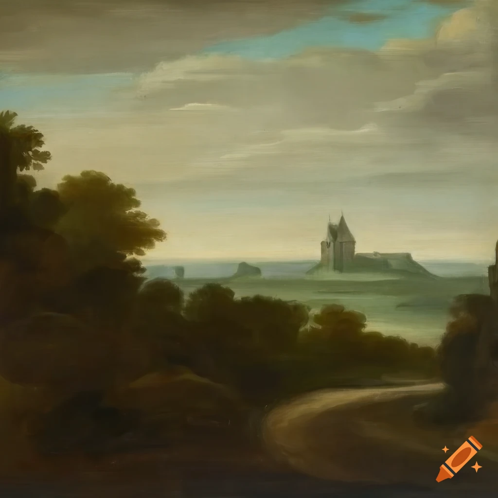 Renaissance painting of a landscape with road, trees and distant castle