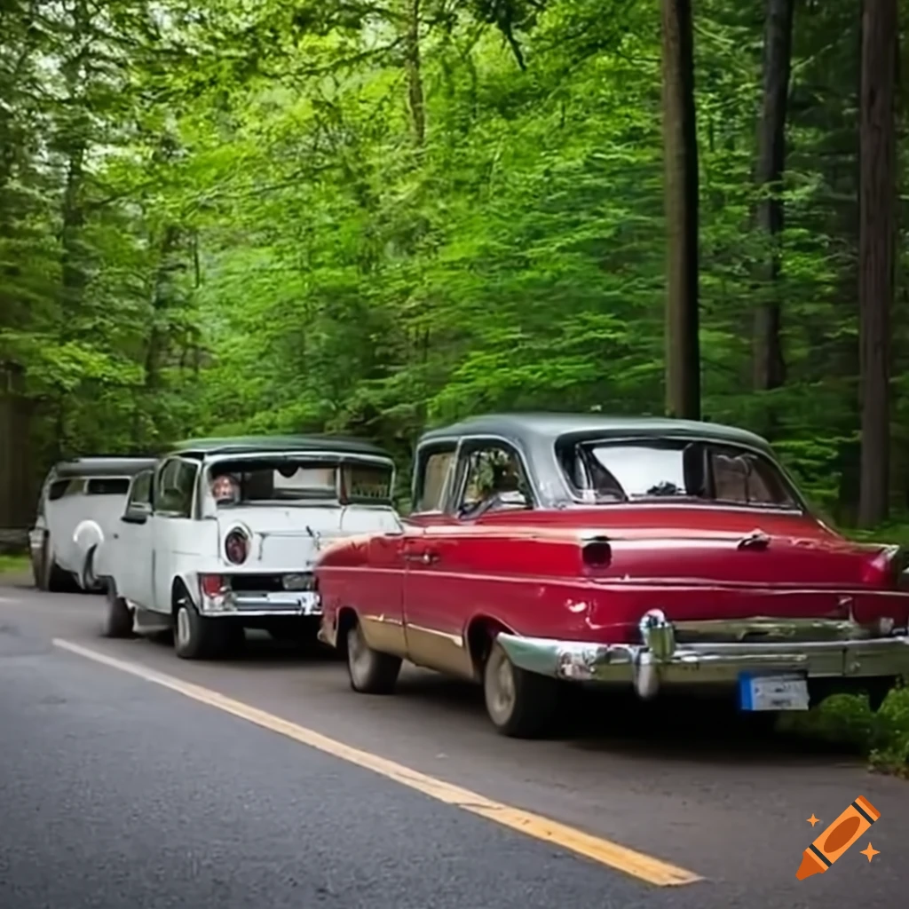 Three classic cars parked on the side of a road in forest